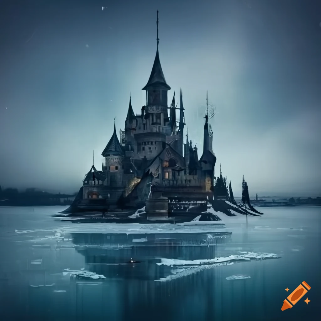 Steampunk castle on a frozen lake on Craiyon
