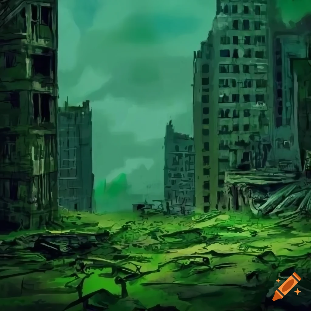 Post-apocalyptic landscape of ruined city with twisted skyscrapers and ...