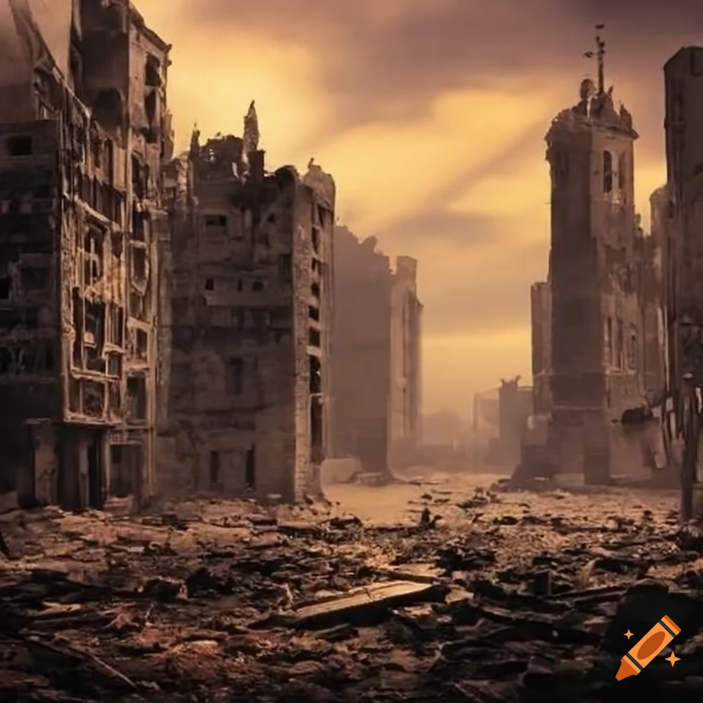 View of a ruined city from the ground level on Craiyon