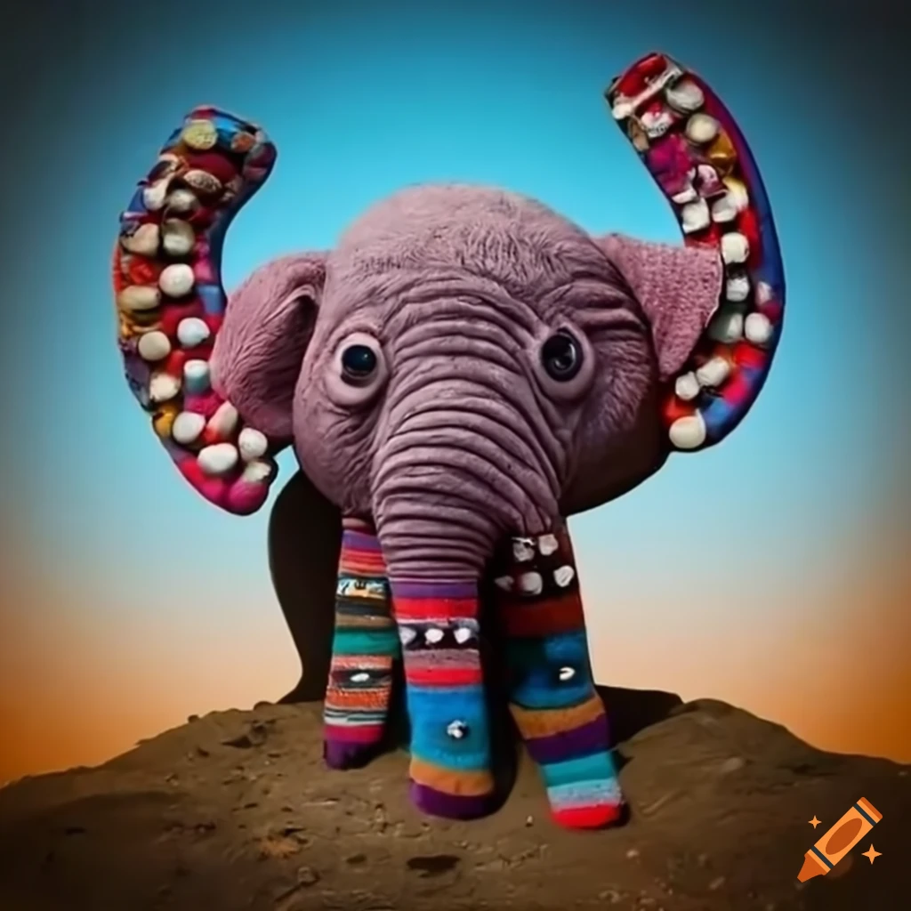 Unique elephant art made of socks and buttons on a hill on Craiyon