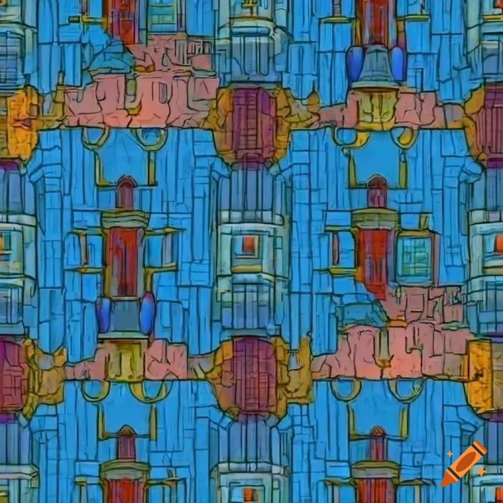 Moebius illustration of futuristic temple seamless texture on Craiyon