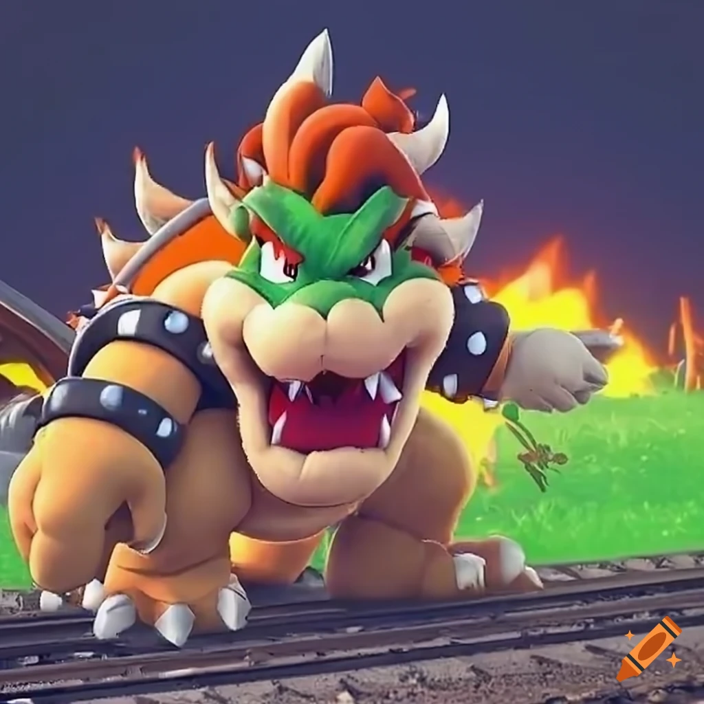 Bowser hit by a train on Craiyon