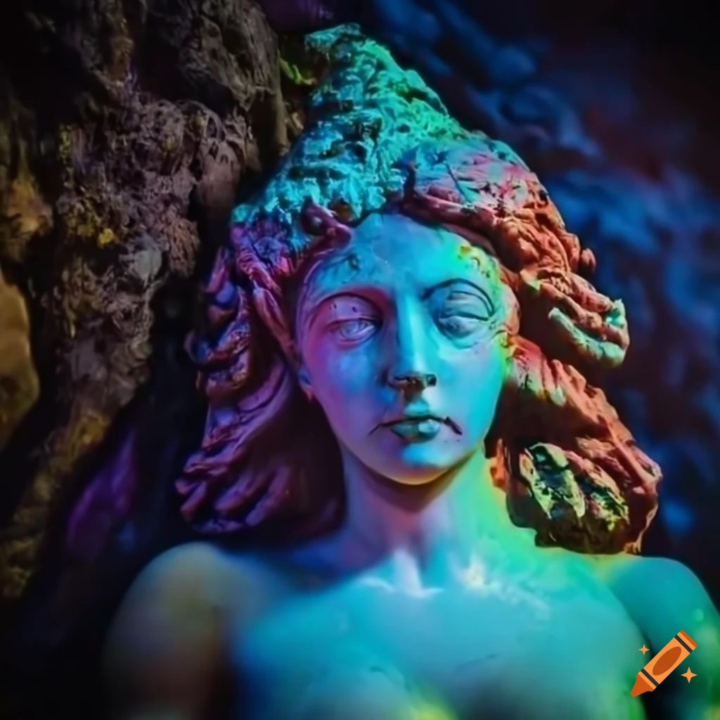 Bright psychedelic statue woman in a dark eerie cave on Craiyon