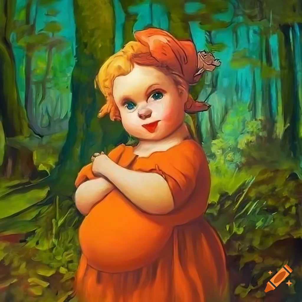 Colorful small elf in a forest, reminiscent of old Walt Disney cartoons ...