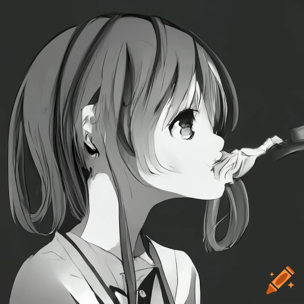 Anime girl eating sushi in black and white on Craiyon