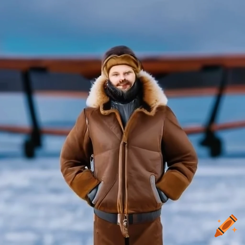 Airmail pilot in winter standing in front of biplane on Craiyon