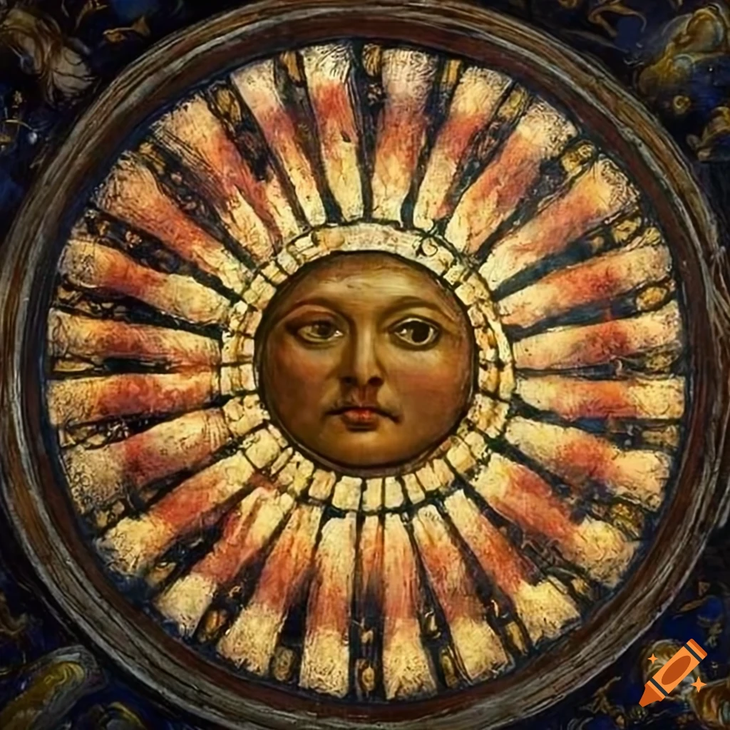 Medieval style painting of detailed sun with light beams on Craiyon