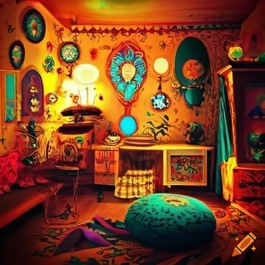Colorful and eclectic hippie room interior on Craiyon