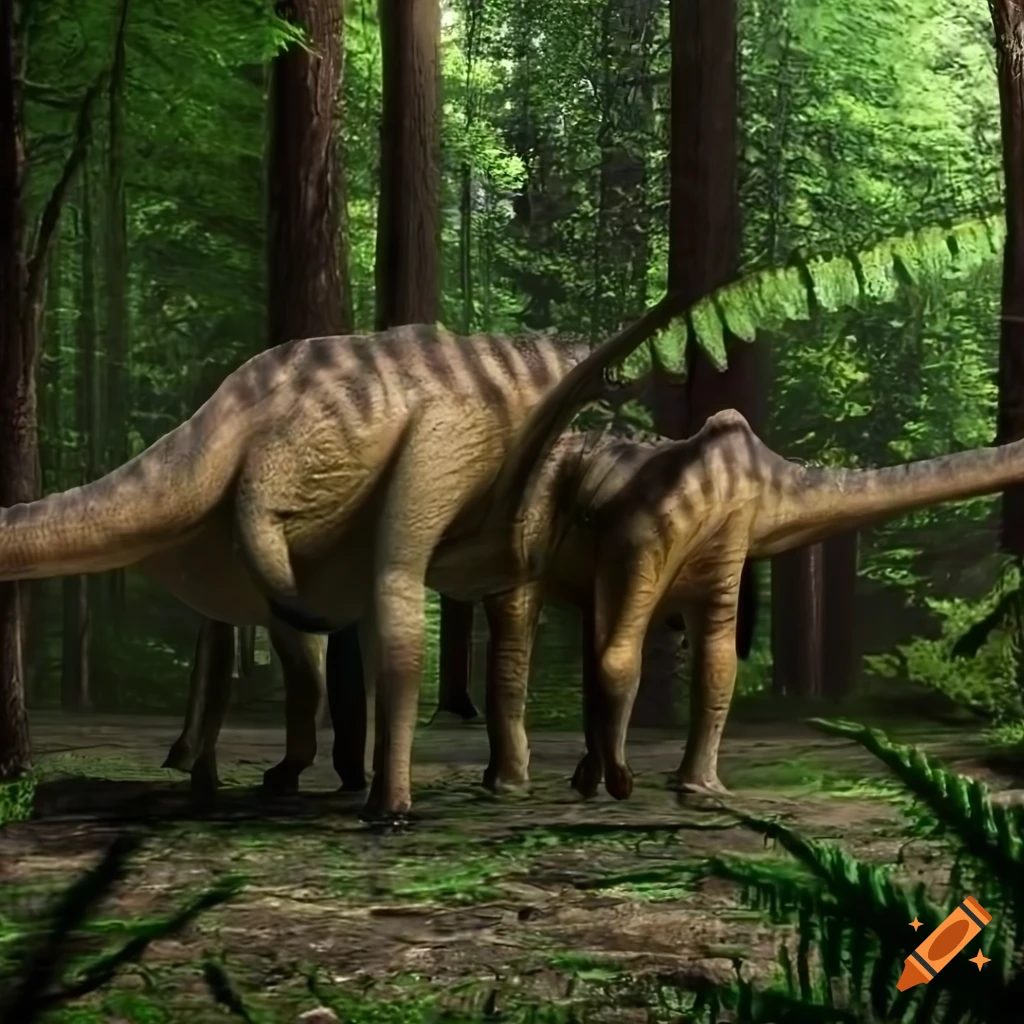 Couple of hadrosaurus dinosaurs in a cedar forest clearing with fern undergrowth on Craiyon