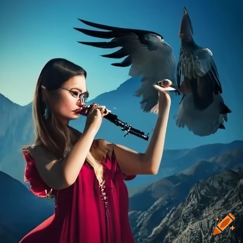 Classy woman playing clarinet in a mountain surrounded by majestic ...