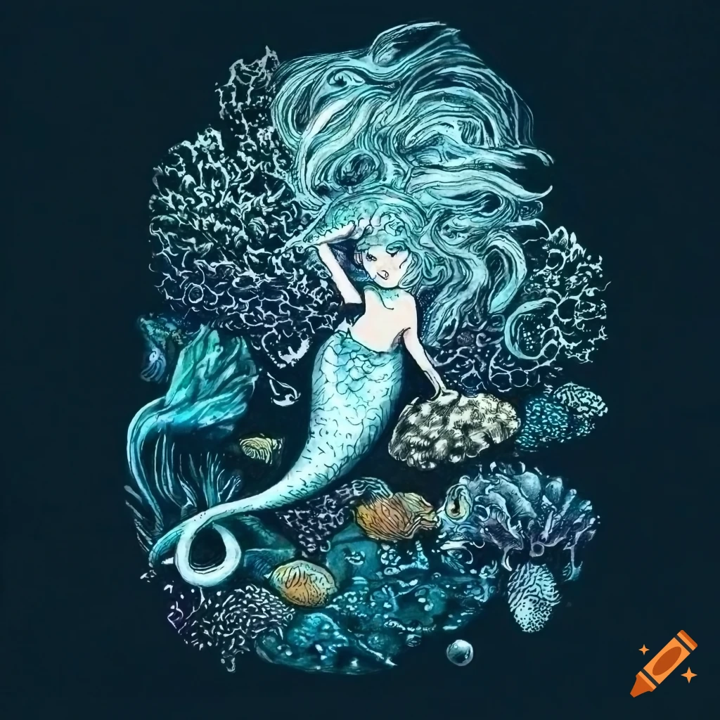 Pen and ink drawing of a mystical underwater world with fish, coral ...