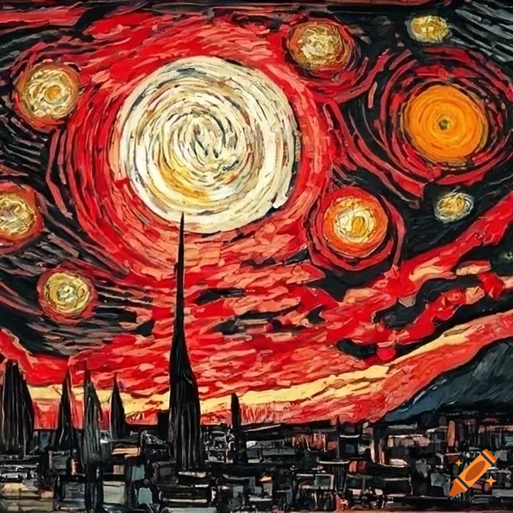 Red and black reinterpretation of starry night by vincent van gogh in ...