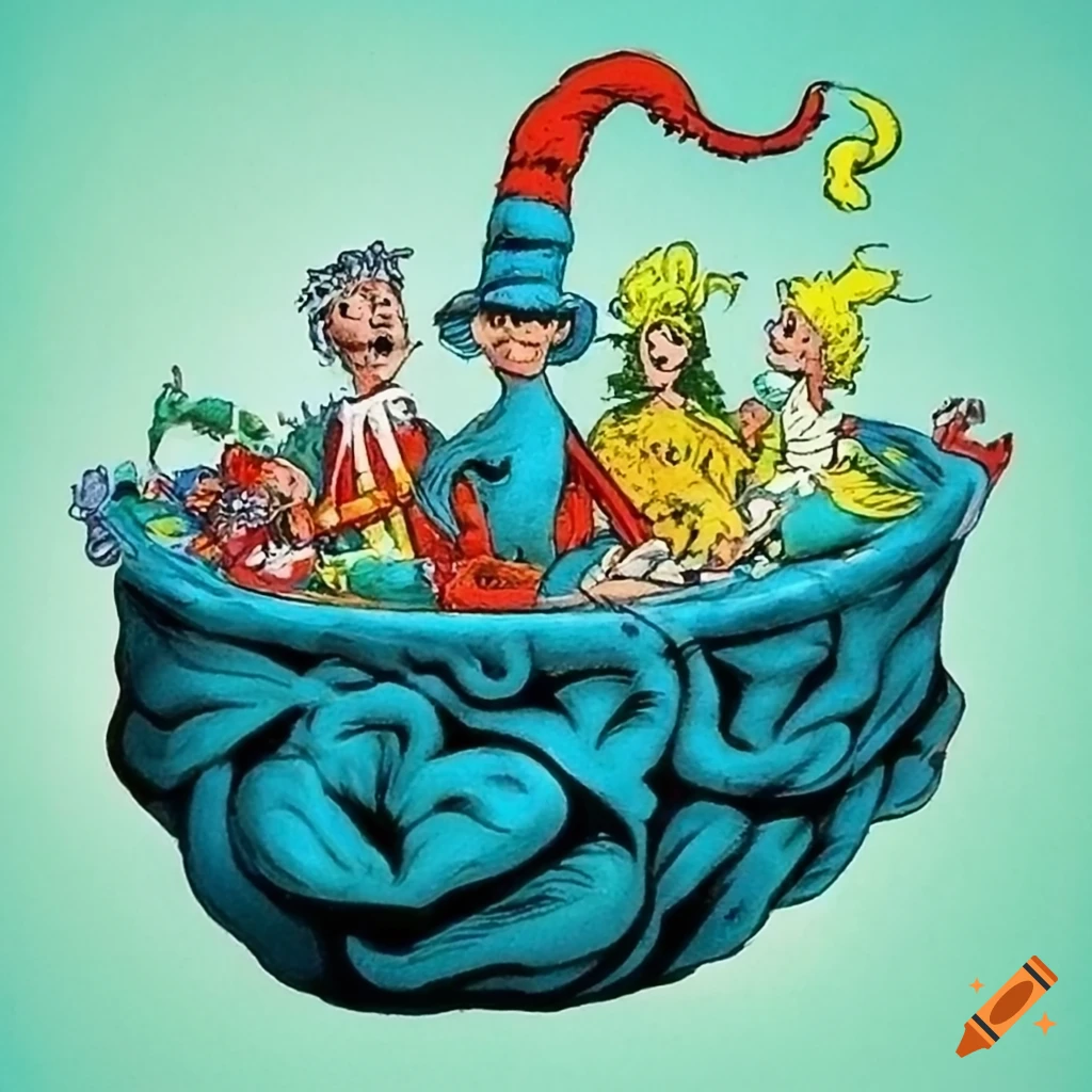 Colorful and humorous book illustration of the thinking brain in a ...