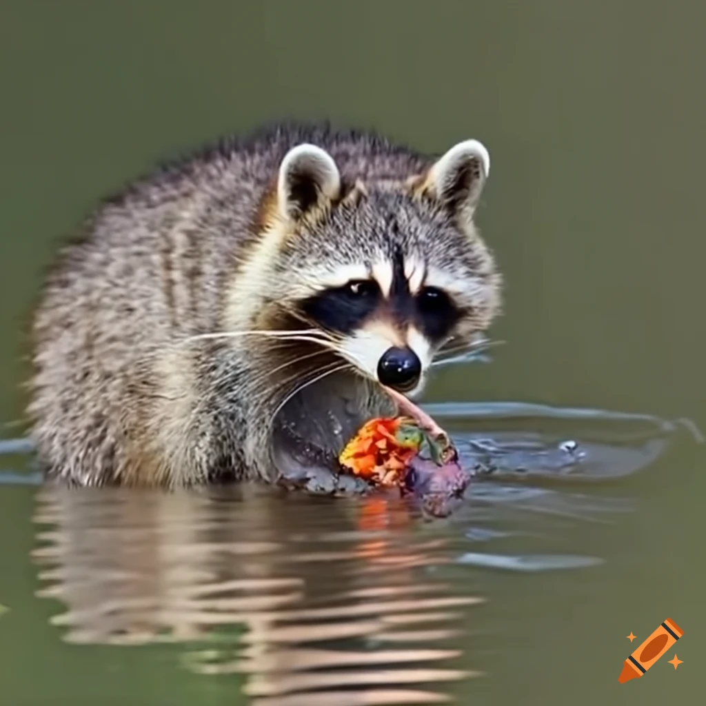 Raccoon washing food in the lake on Craiyon