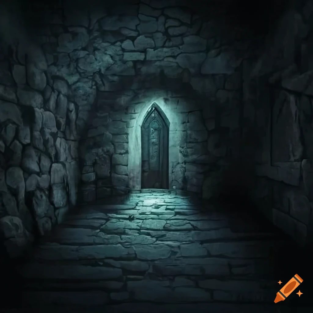 Dark and spooky dungeon room with stone walls and mysterious door on ...