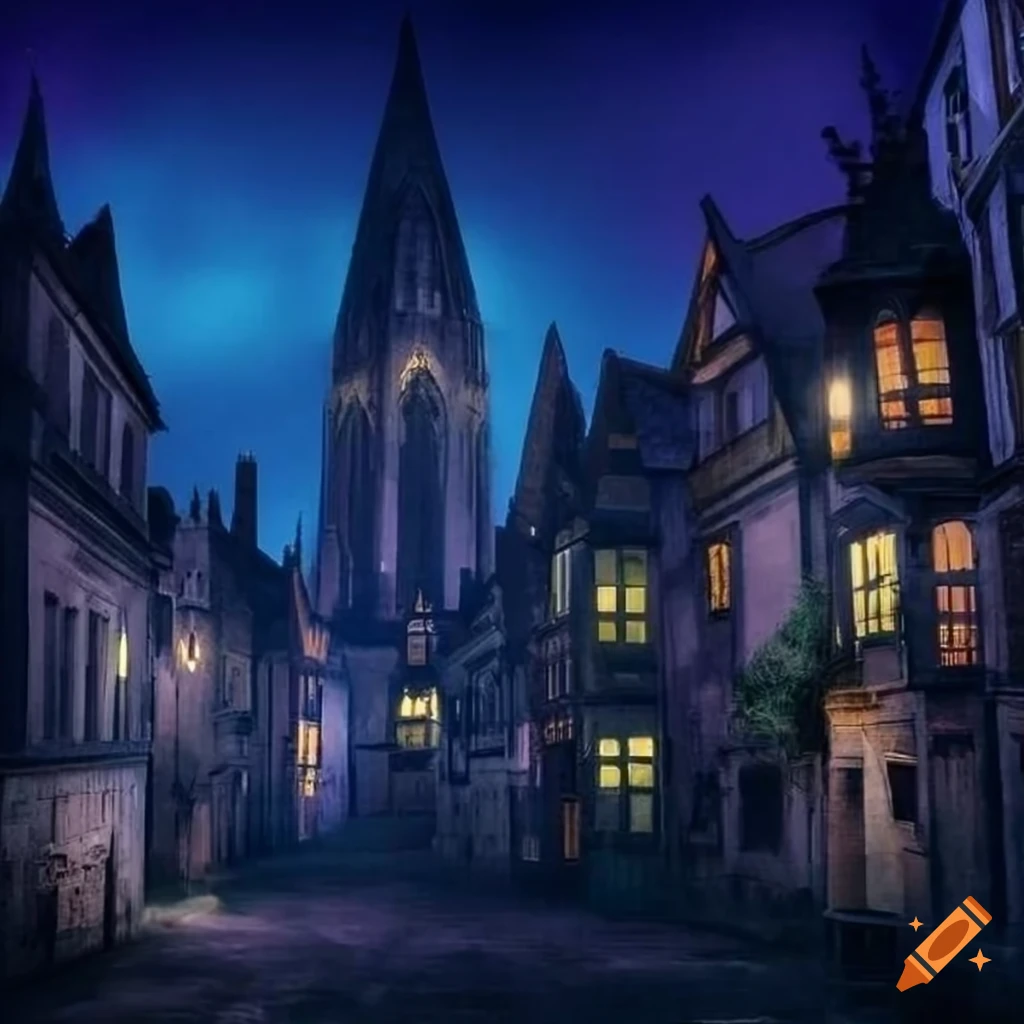 Night view of a gothic town with eerie green, purple, and blue ...