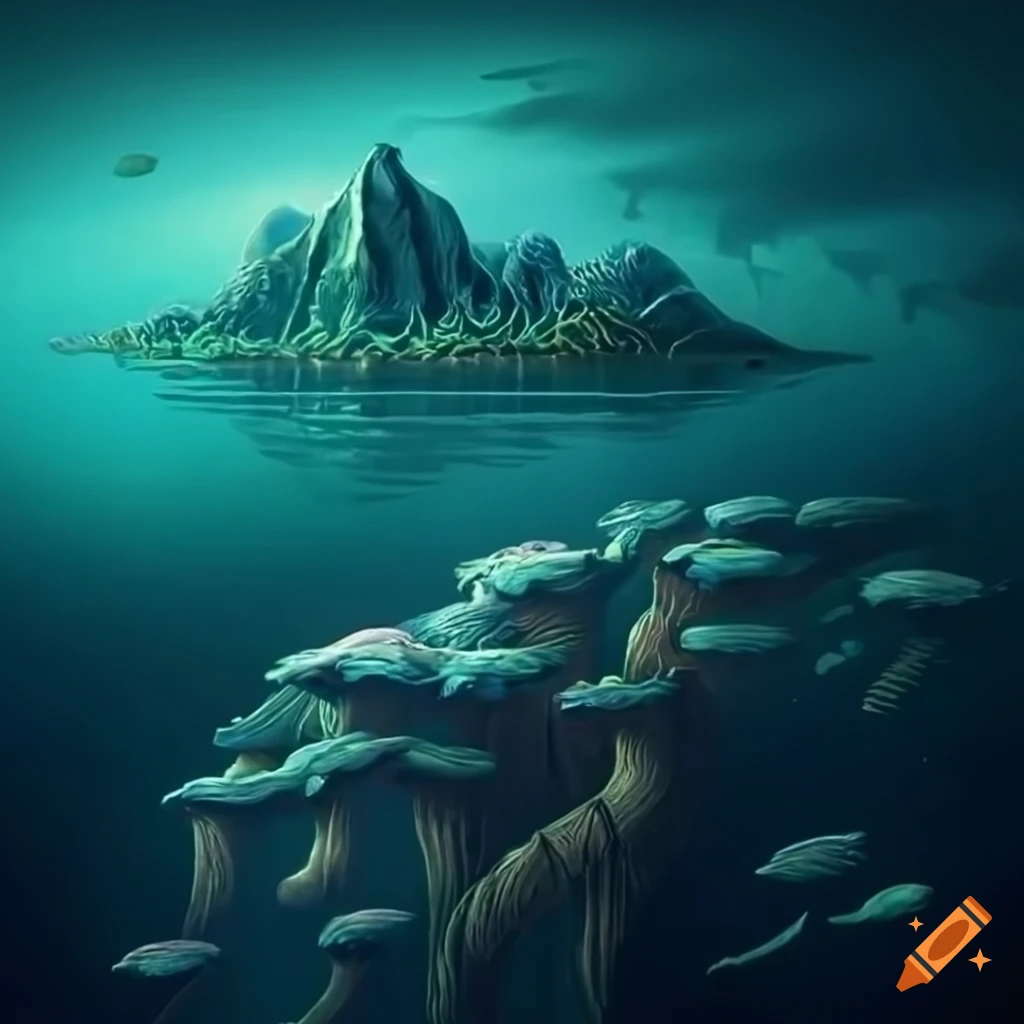 Enchanted underwater realm in a mystical mountain lake with vibrant ...