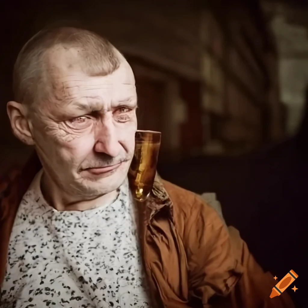 Humorous portrait of a disheveled russian man in modern clothes with ...