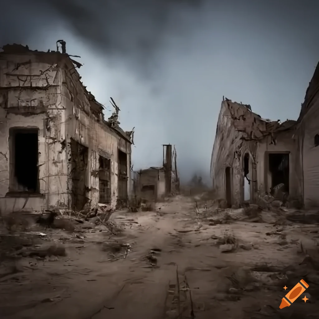 Post-apocalyptic wasteland with ruins, small buildings, and dusty roads ...