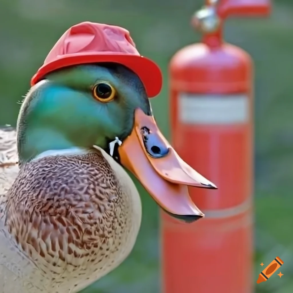 Duck with red safety hat next to a fire extinguisher on Craiyon