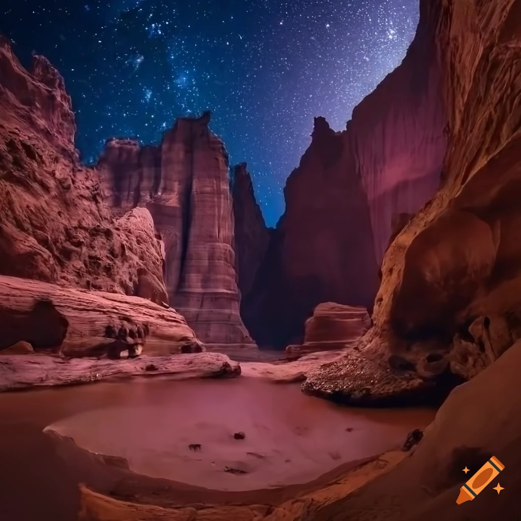 Sinister desert canyon with cliffside dwellings and a narrow opening leading to a cave at night ...