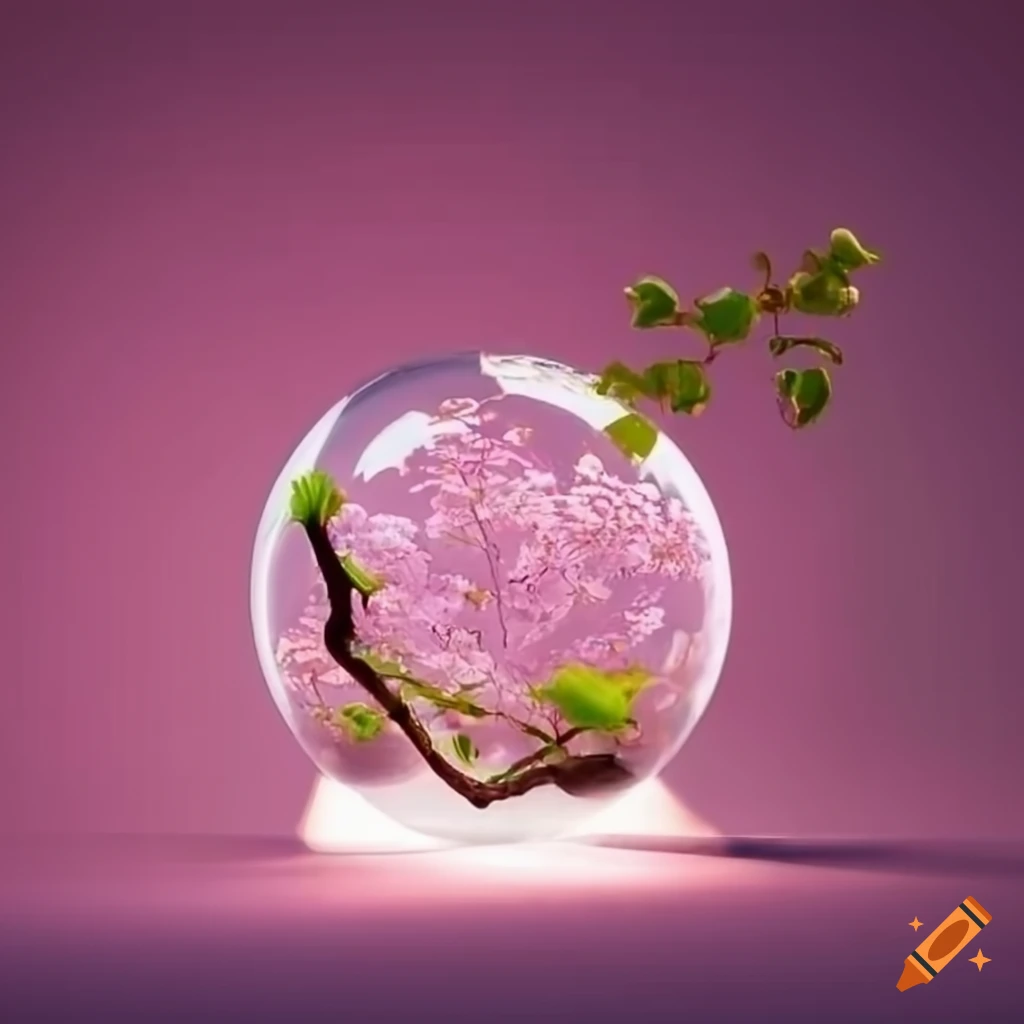 Floating sakura tree inside a glass sphere with glass branches on Craiyon
