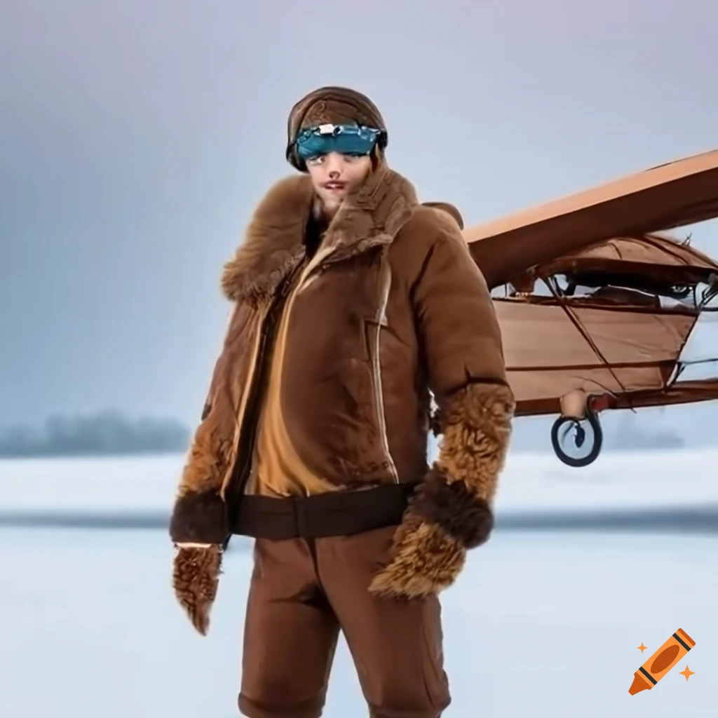 Open cockpit airmail pilot standing in front of a biplane in a winter ...