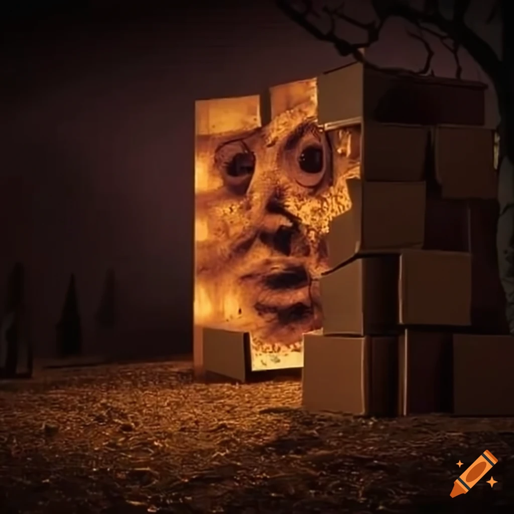 Tree with a projected face on stack of boxes on Craiyon