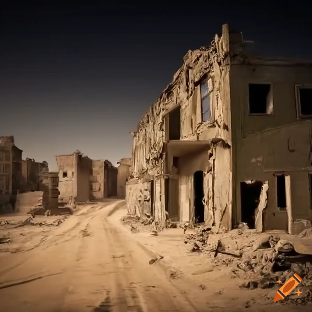 Post-apocalyptic wasteland with ruins, small buildings, and dusty roads ...