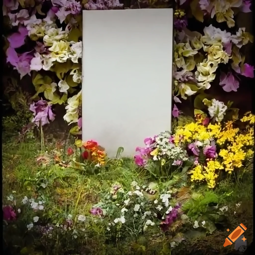 Blank tombstone surrounded by flowers on Craiyon