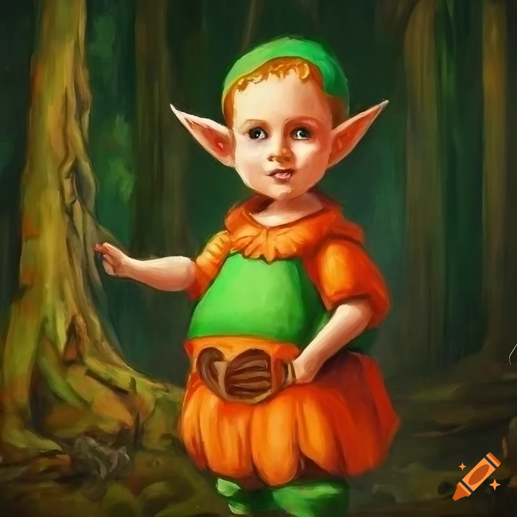 Cheerful little elf in a detailed forest with colorful attire on Craiyon