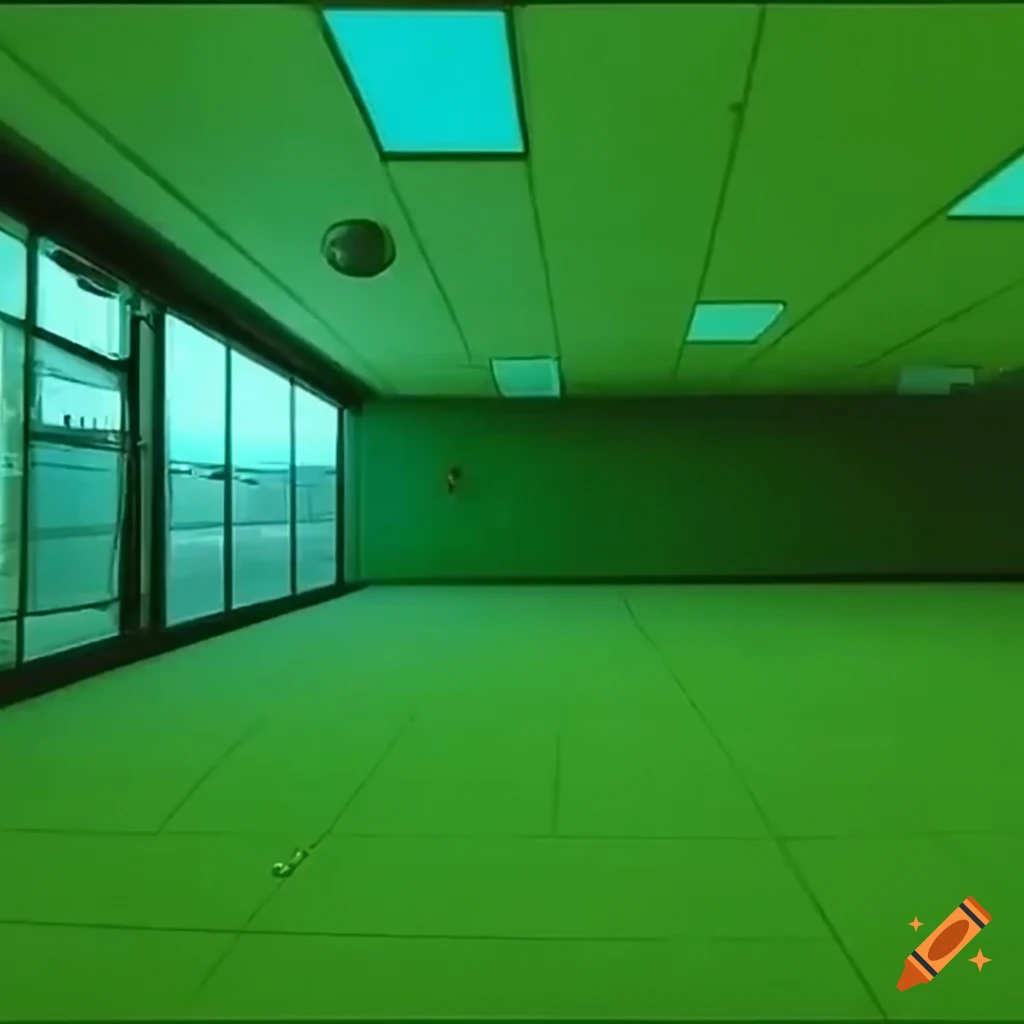 Liminal space in an office building with green walls and multicolored ...