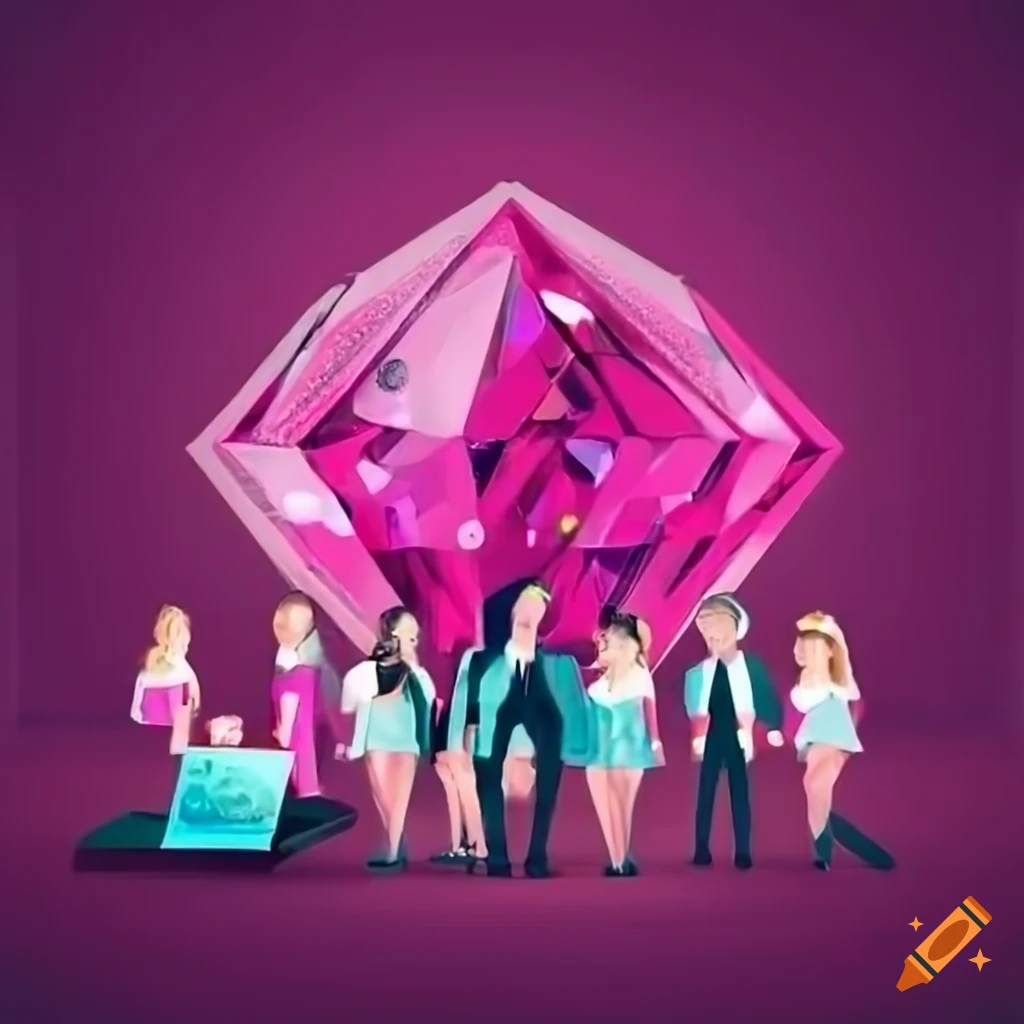 Call center agents in fuchsia office decorated with diamonds and cash ...
