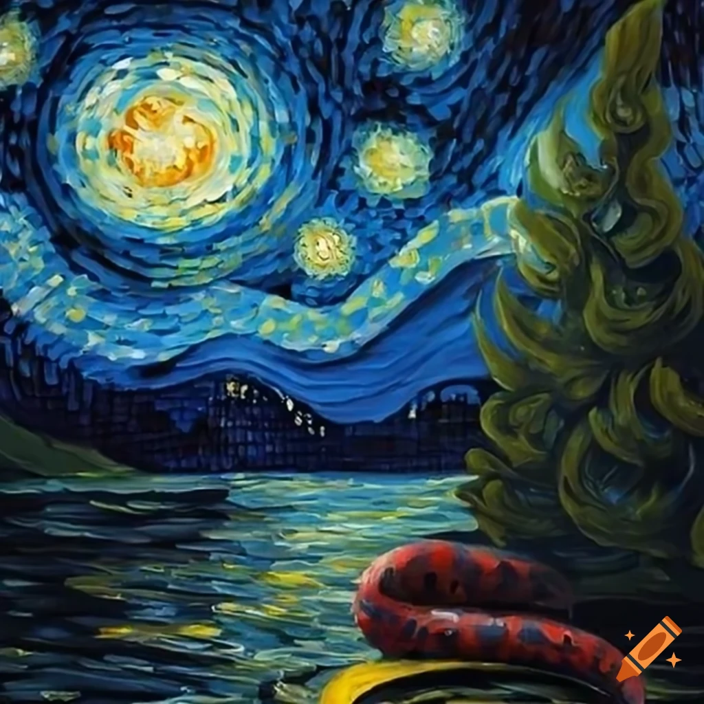 Starry night with a snake in it on Craiyon