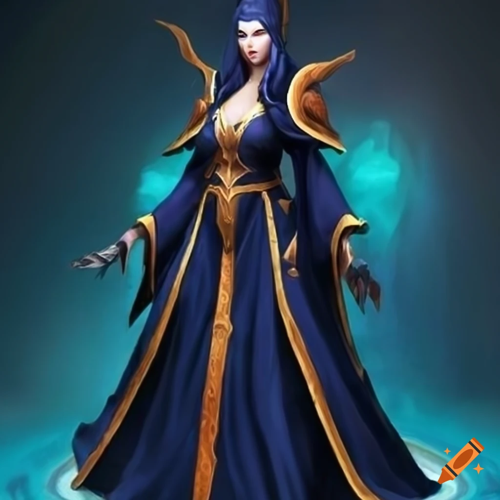 Female mage in navy blue robes with aqua accents and orange trim on Craiyon