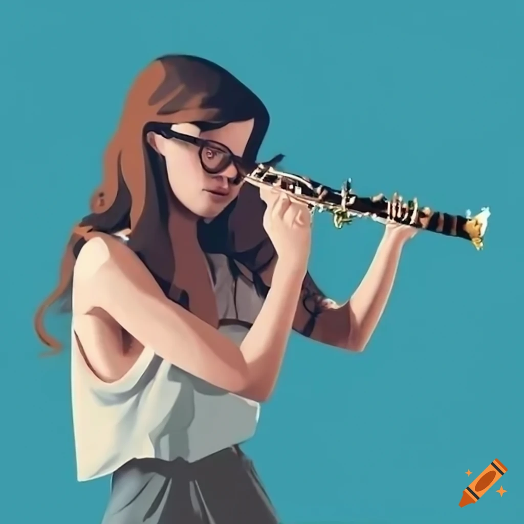 Woman playing clarinet in mountain with birds around on Craiyon