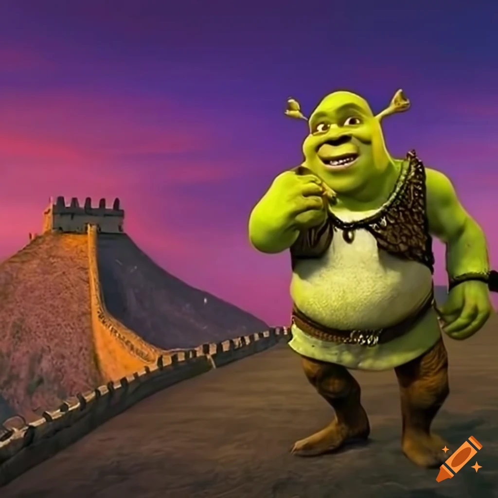 Shrek defending the great wall of china in a fantasy setting on Craiyon