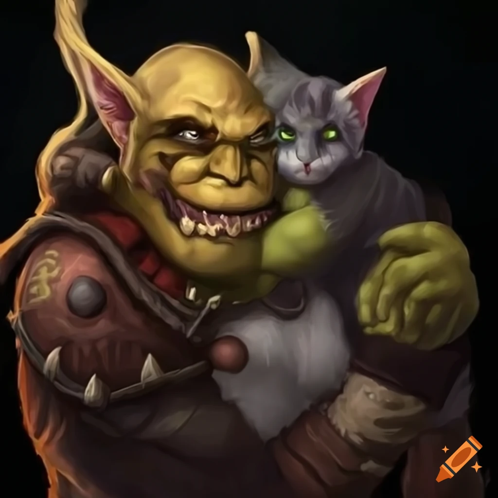Powerful warrior orc hugging a playful orc kitten on Craiyon