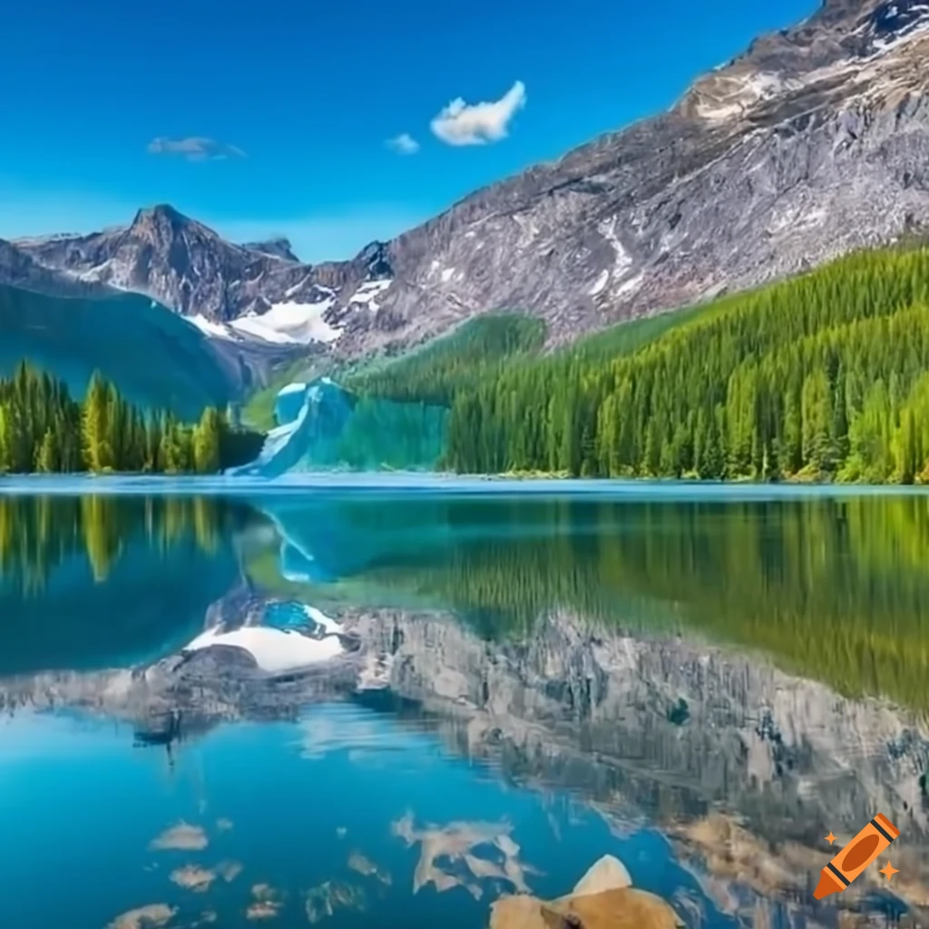 Peaceful glacial lake reflecting azure sky on Craiyon