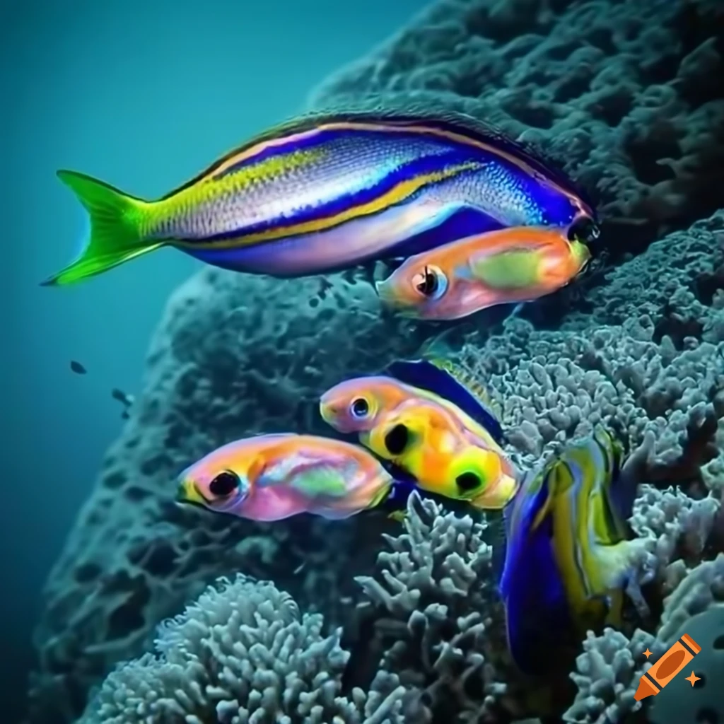 Group of exotic fish in mesmerizing underwater micro photography on Craiyon