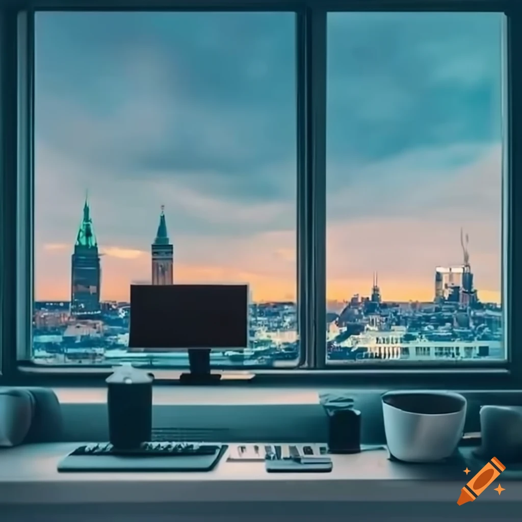 Desk setup with a view of stockholm skyline from a window on Craiyon