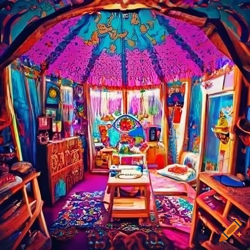 Colorful and vibrant hippie room interior on Craiyon