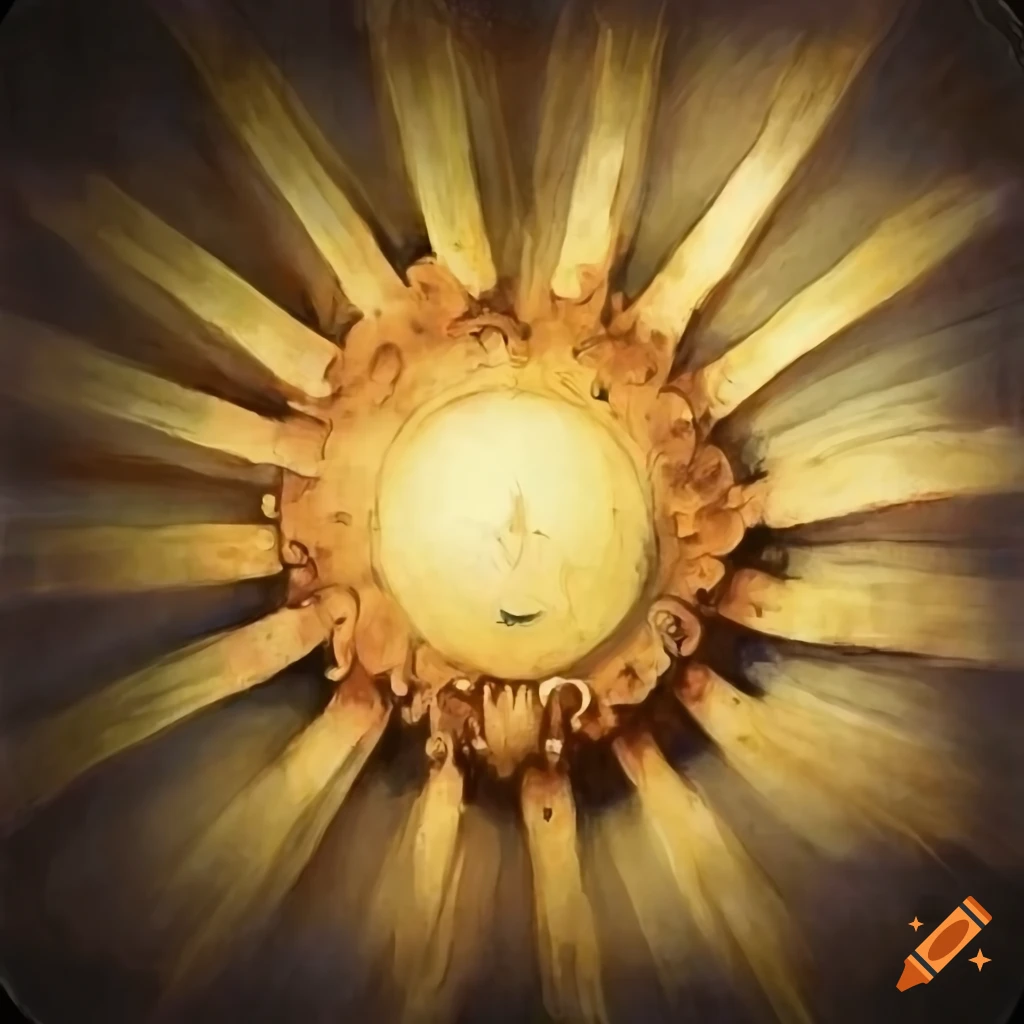 Detailed medieval sun with light beams in the style of Hieronymous ...