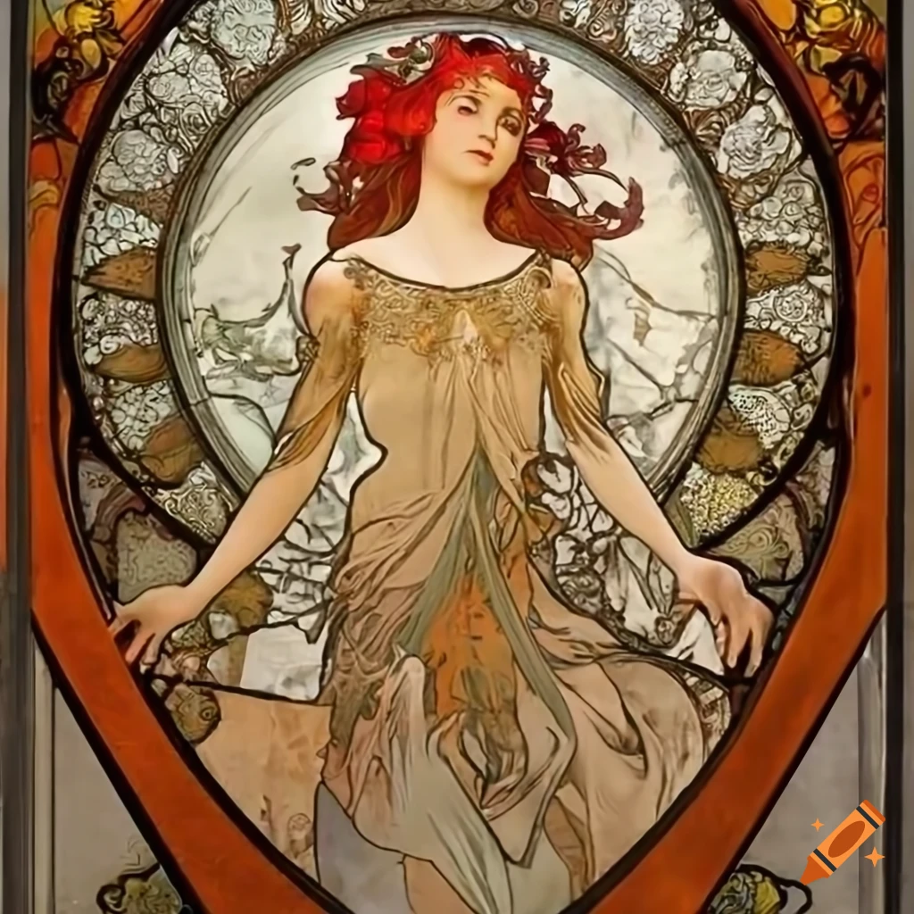 Alphonse Mucha style full-length window with two beautiful angels and ...