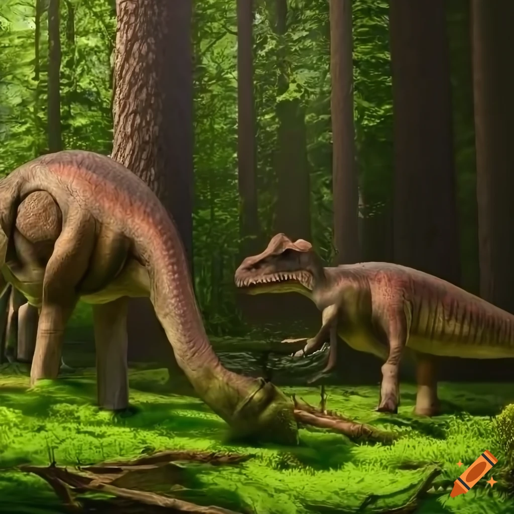 Detailed Hadrosaurus dinosaurs in a cedar forest clearing with intense noon light on Craiyon