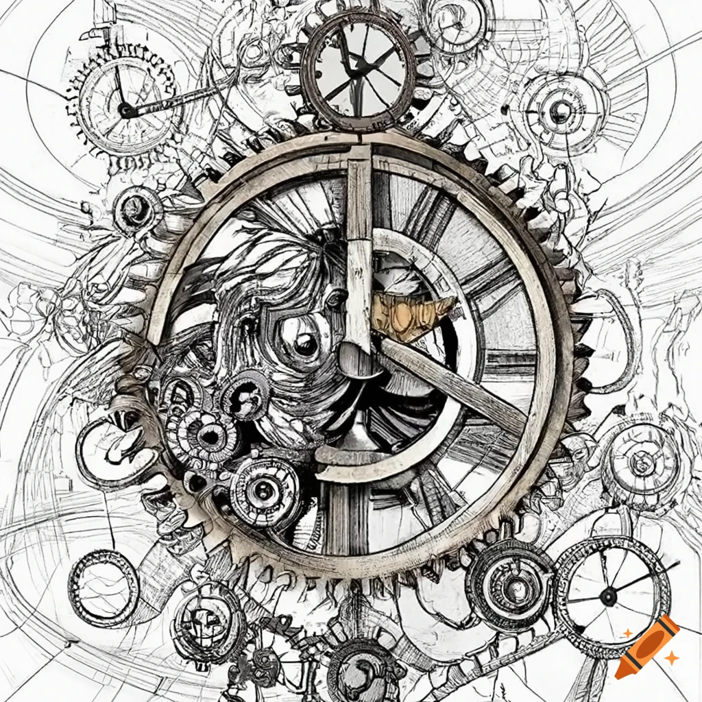 Clock mechanism sharp line art with gears on Craiyon