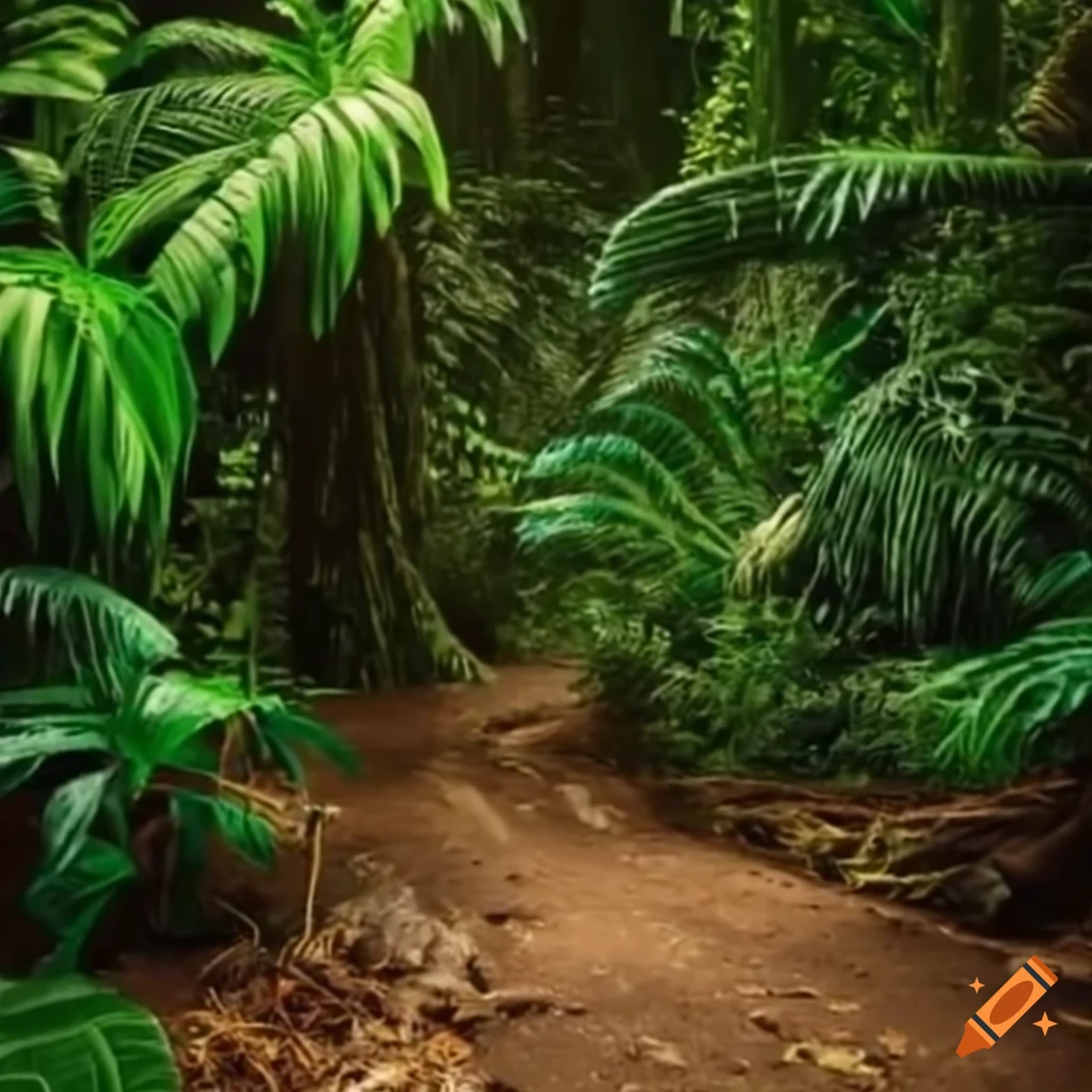 Jungle view with lush greenery and exotic flora on Craiyon