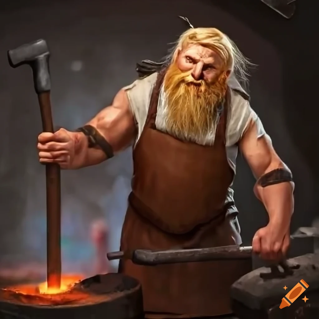 Skilled dwarf blacksmith hammering at the forge with blonde hair and neat beard on Craiyon