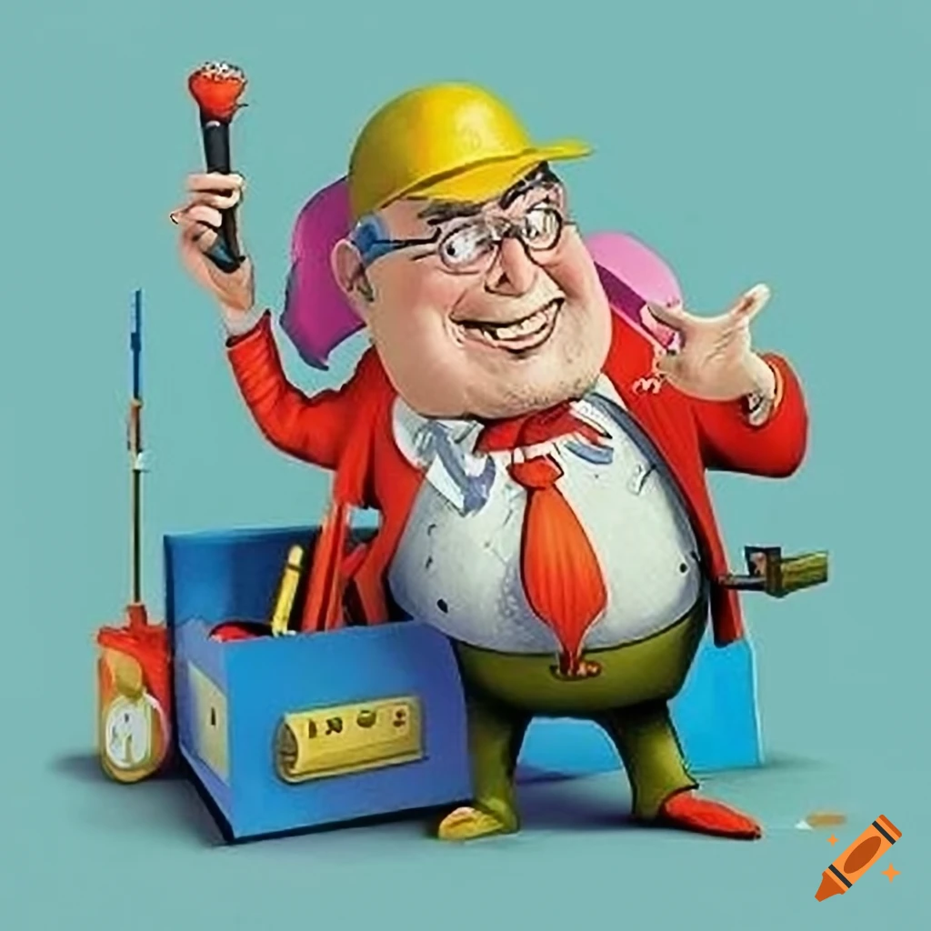 Colorful humorous illustration of a handsome handyman with a toolbox ...