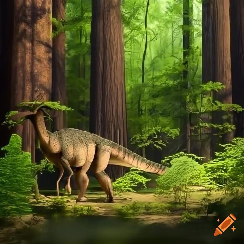 Hadrosaurus dinosaurs in a cedar forest clearing on Craiyon